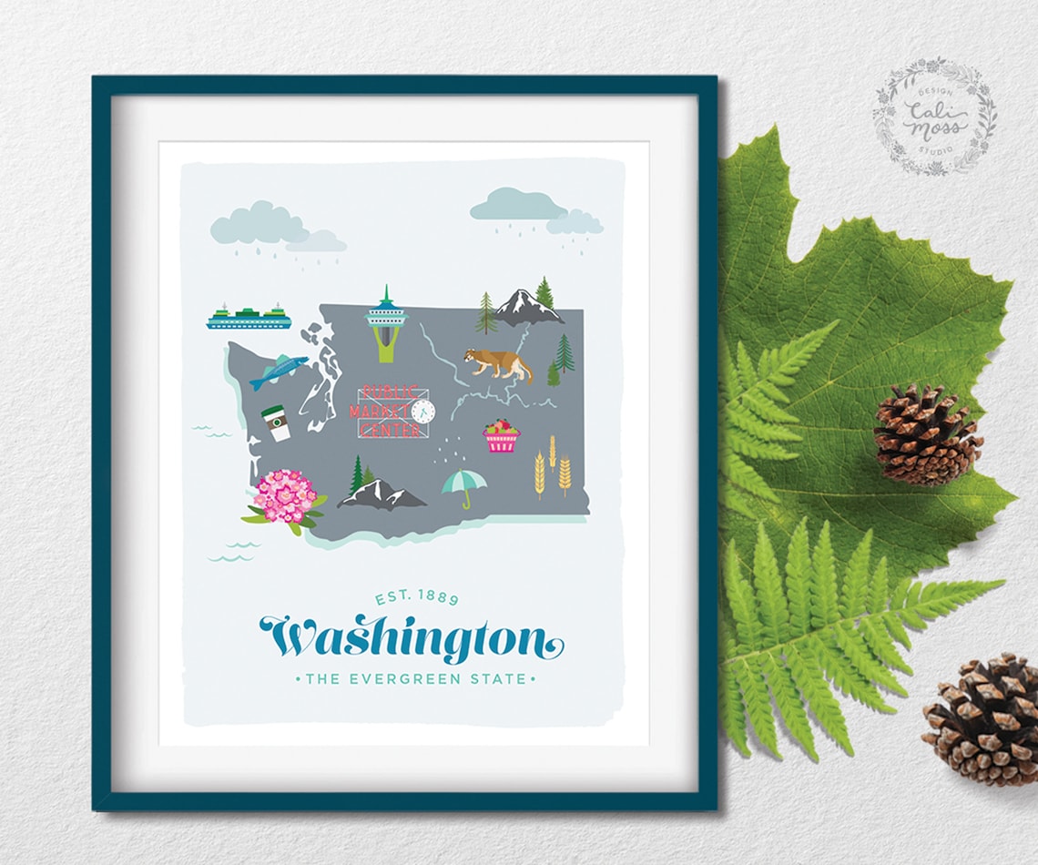 Washington State Map Print Travel Poster USA Poster - Etsy