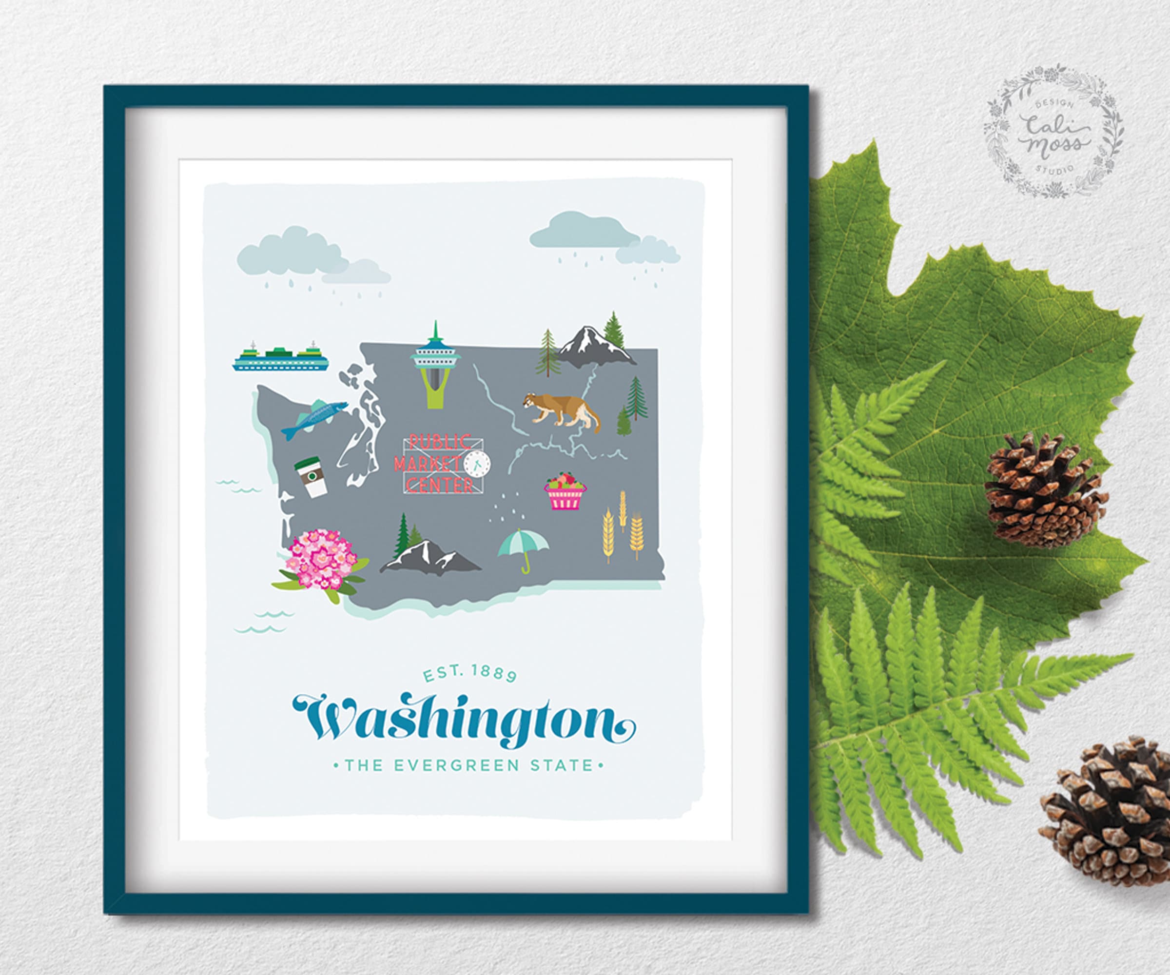 Washington State Map Print Travel Poster USA Poster | Etsy
