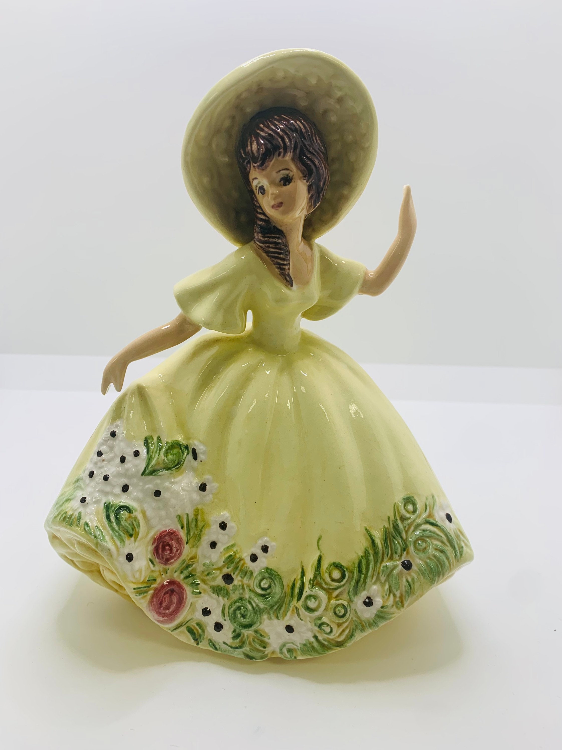 RARE- Beautiful Vintage Lady in Yellow Flowered Gown With Hat Figurine ...