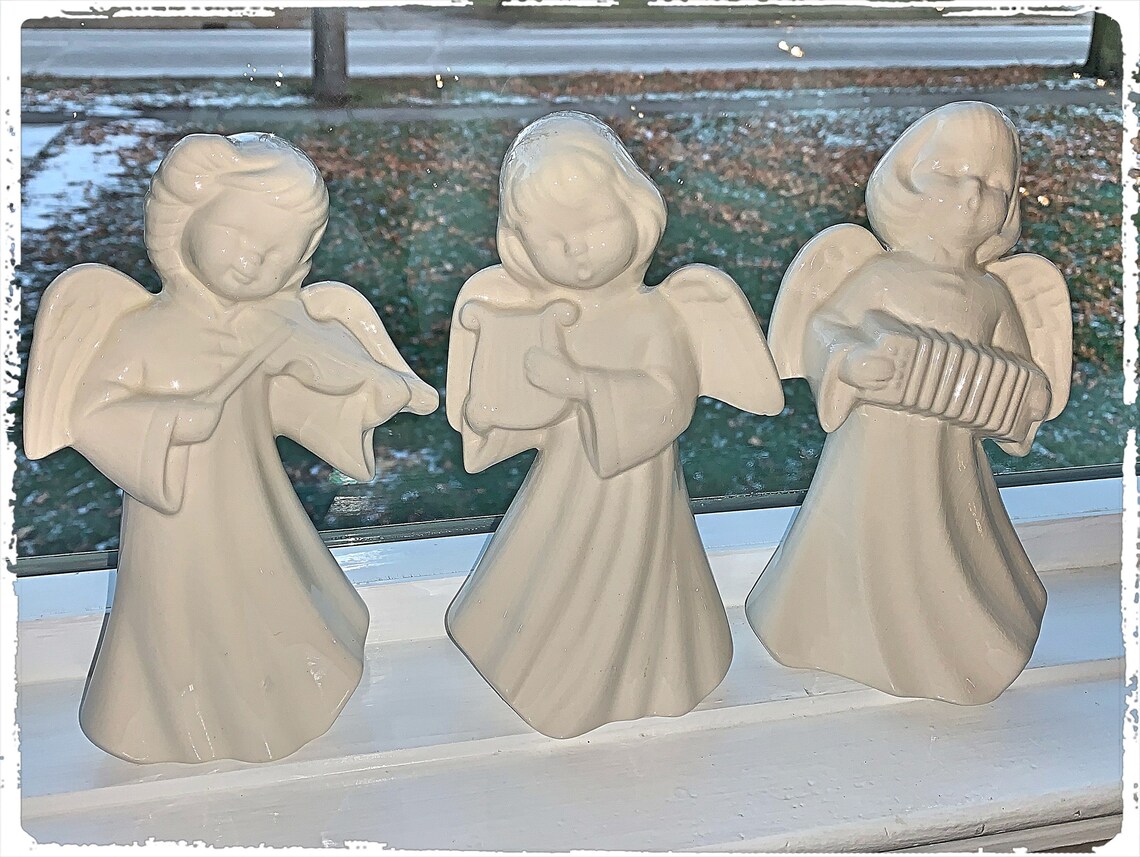 Trio of White Glazed Ceramic Angels Playing Music - Etsy