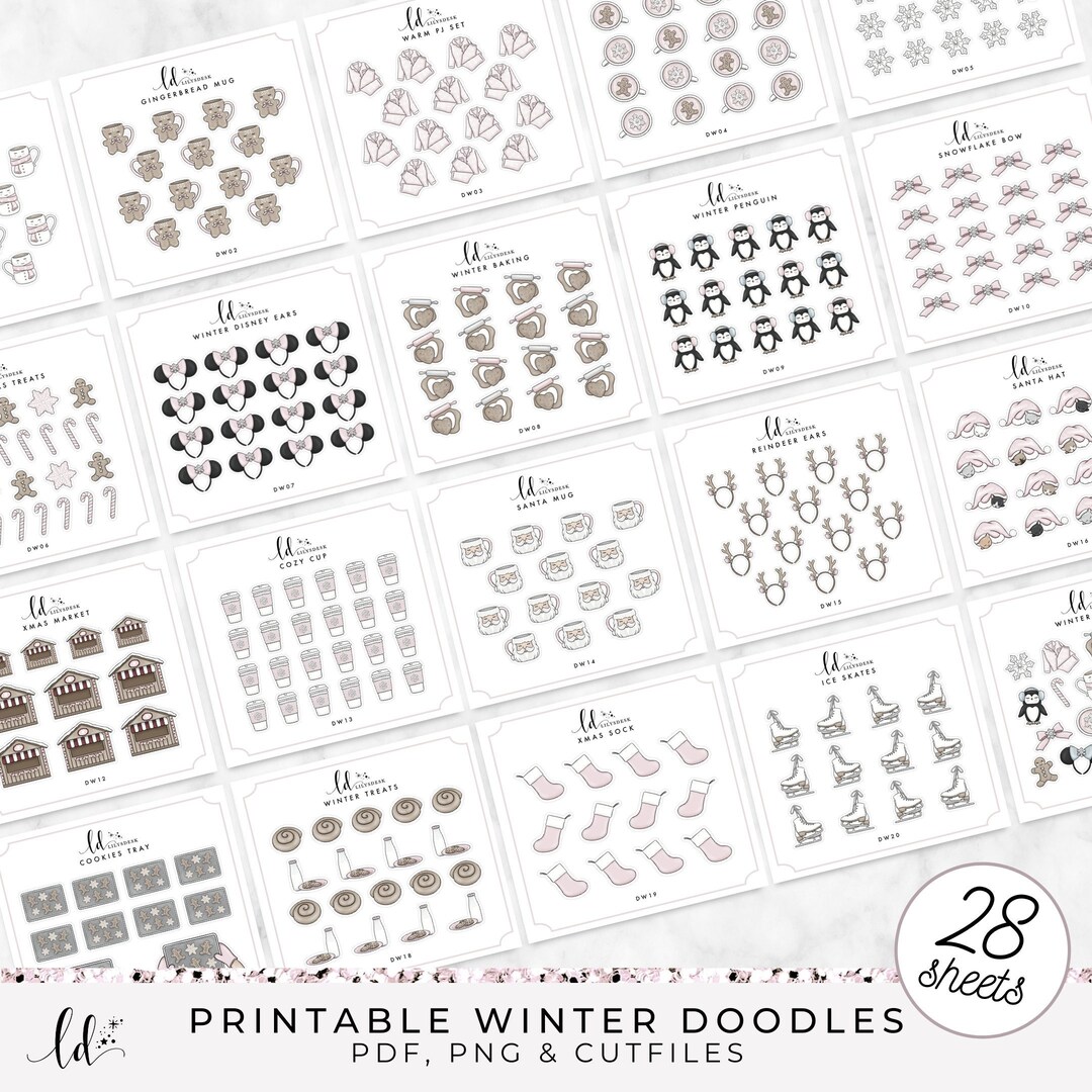 Printable Doodles Stickers // Winter Christmas Doodles Icons ...