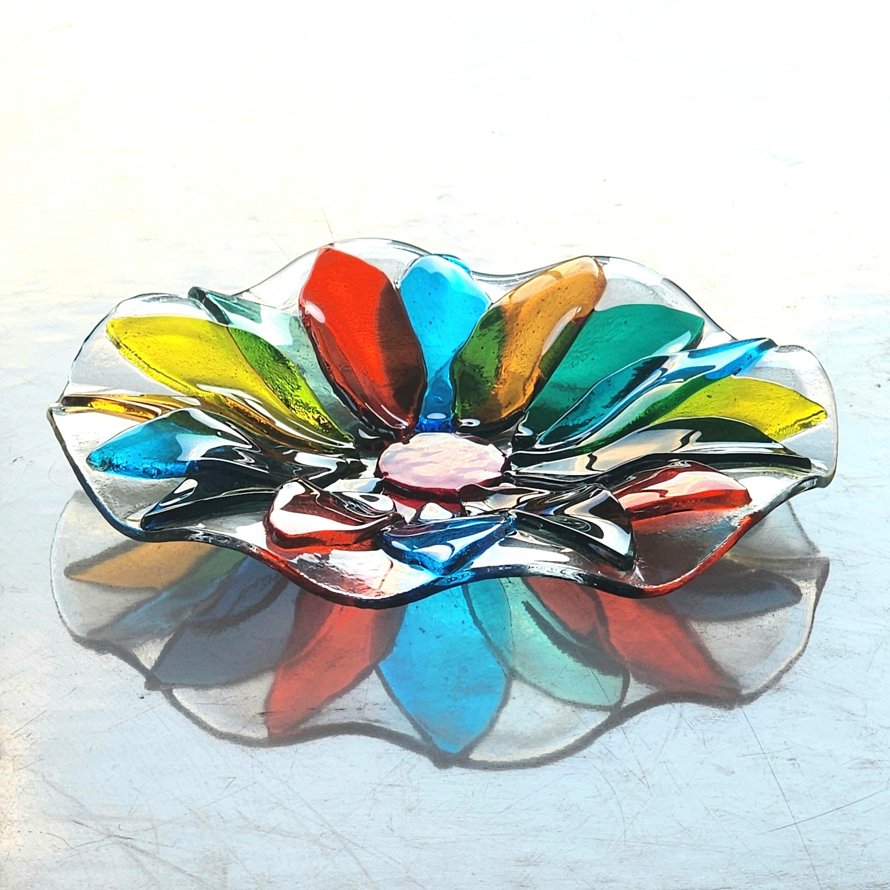 Fused Glass Floral Bowl: Handmade Decorative Home Decor. 7.08
