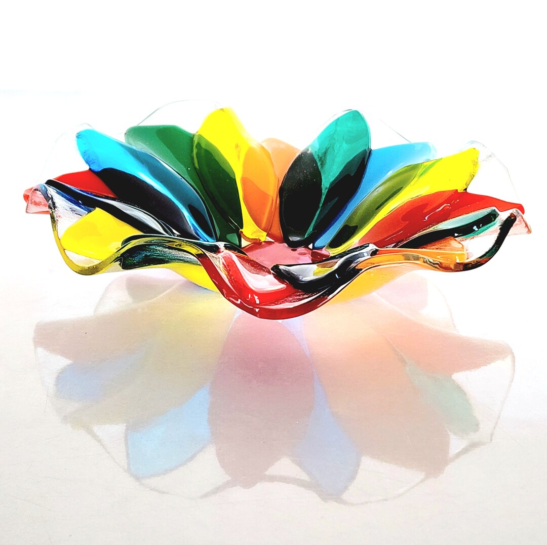 Fused Glass Floral Bowl: Handmade Decorative Home Decor. 7.08