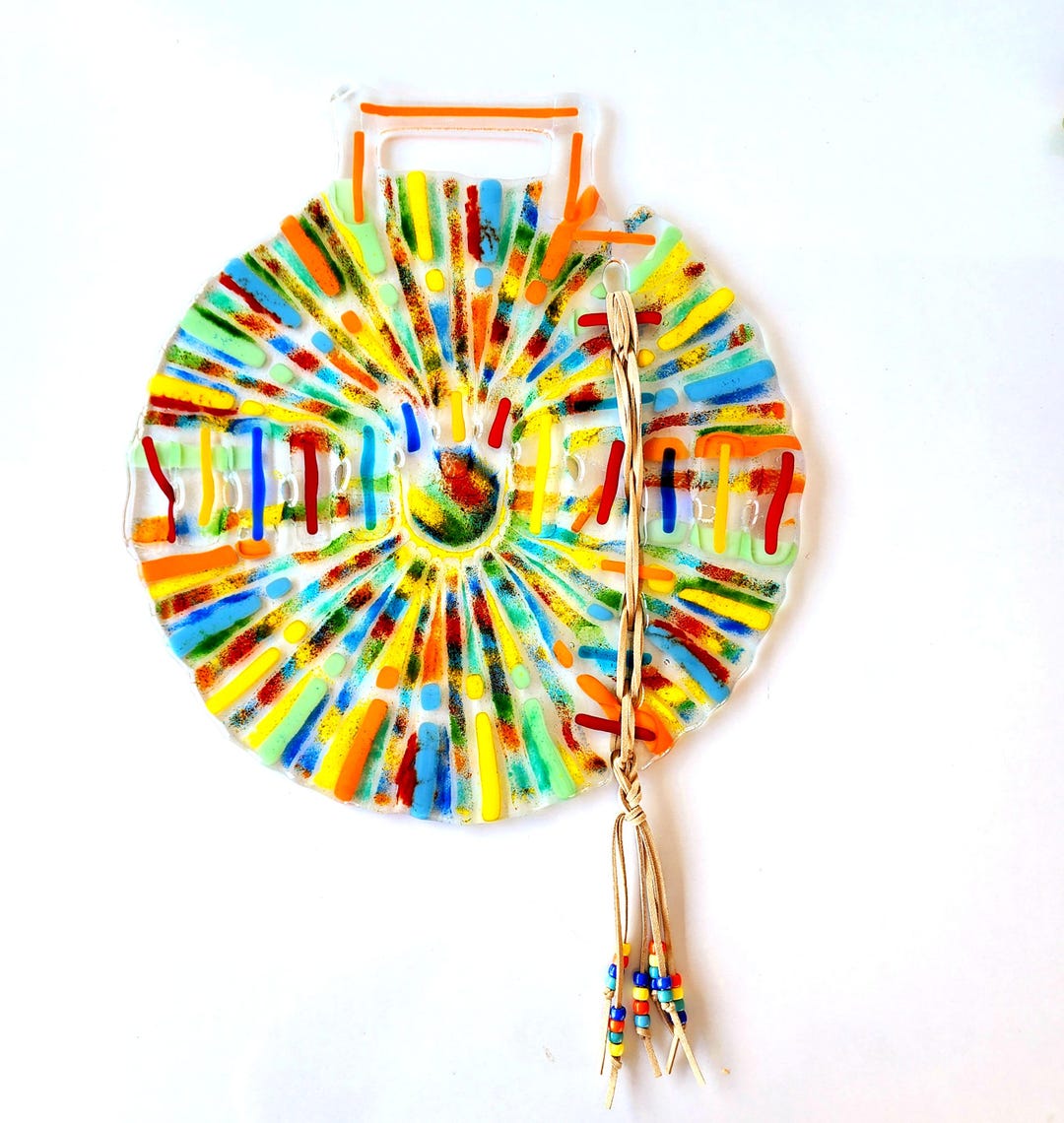 Fused Glass Circle Suncatcher: Colorful Abstract Art With Leather ...