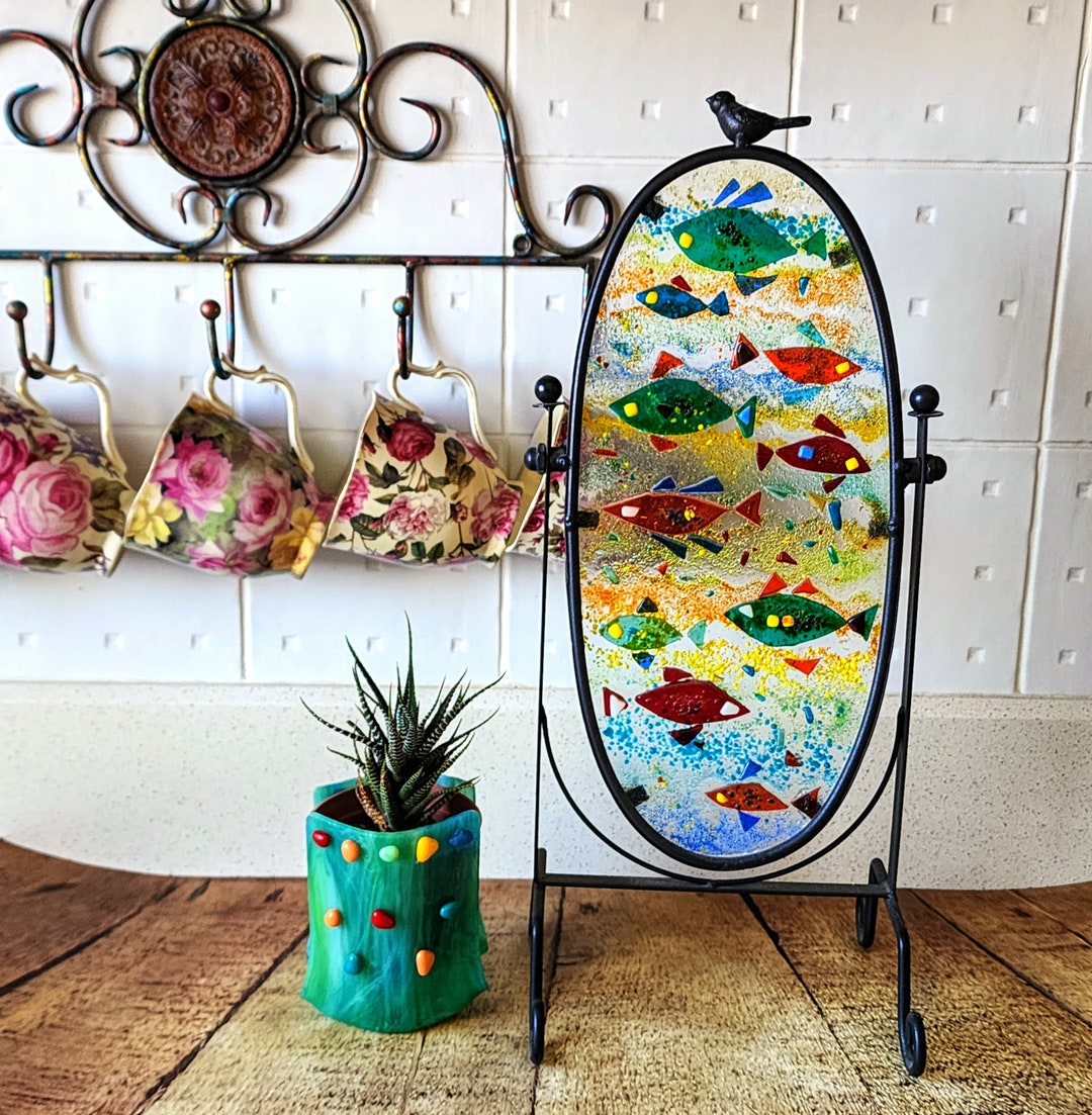 Fused Glass Top Table Art , Fused Glass Art on Stand , Unique Fused ...