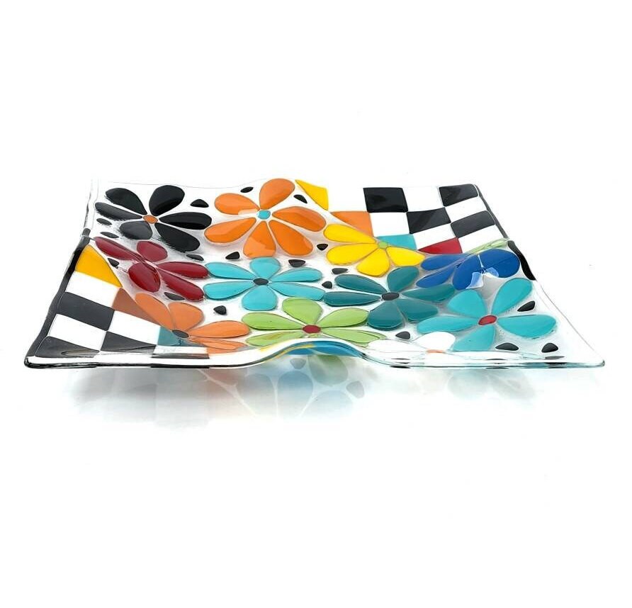 Colored Flowers Glass Art Platter , Fused Glass Art Bowl, Fused Glass ...
