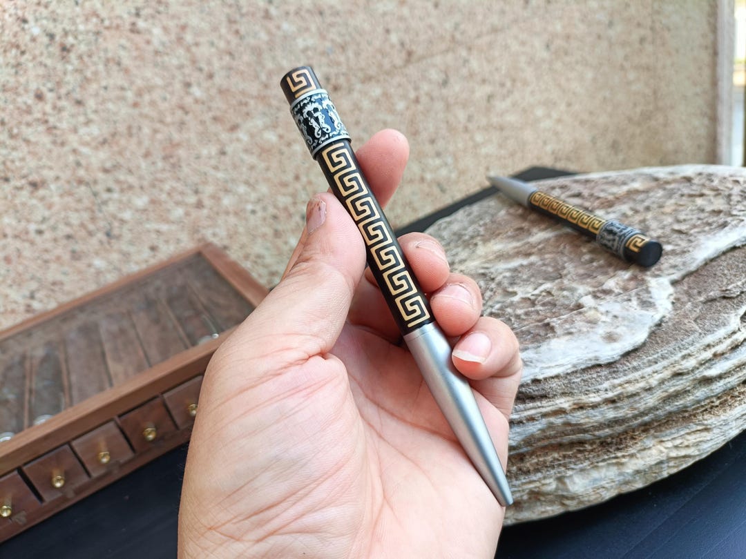 Handcrafted Ebony and Boxwood Inlaid Rotary Decompression Ballpoint Pen ...