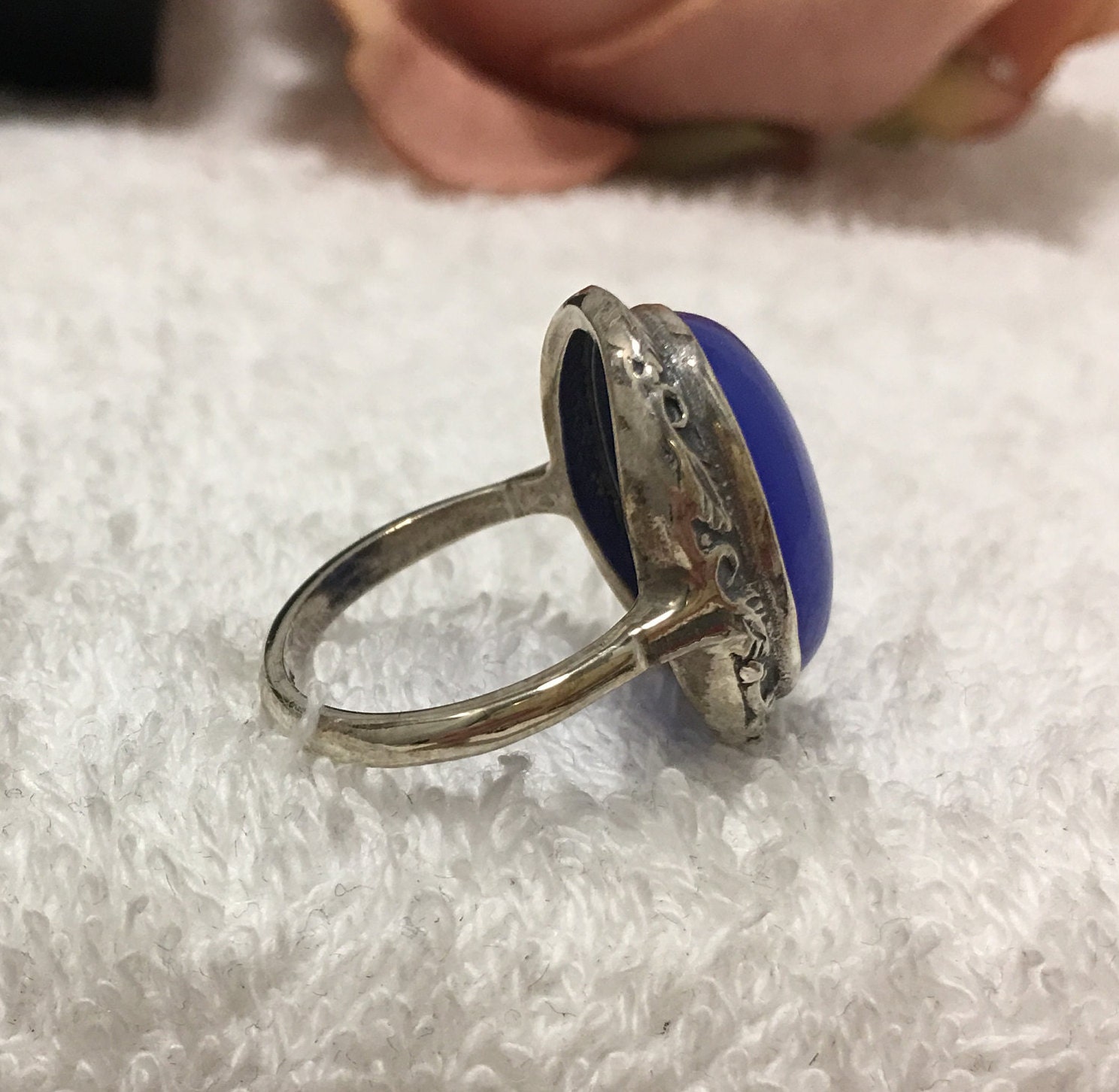 Gorgeous Vintage Sterling SILVER Retro Ring-large Bright BLUE Oval ...