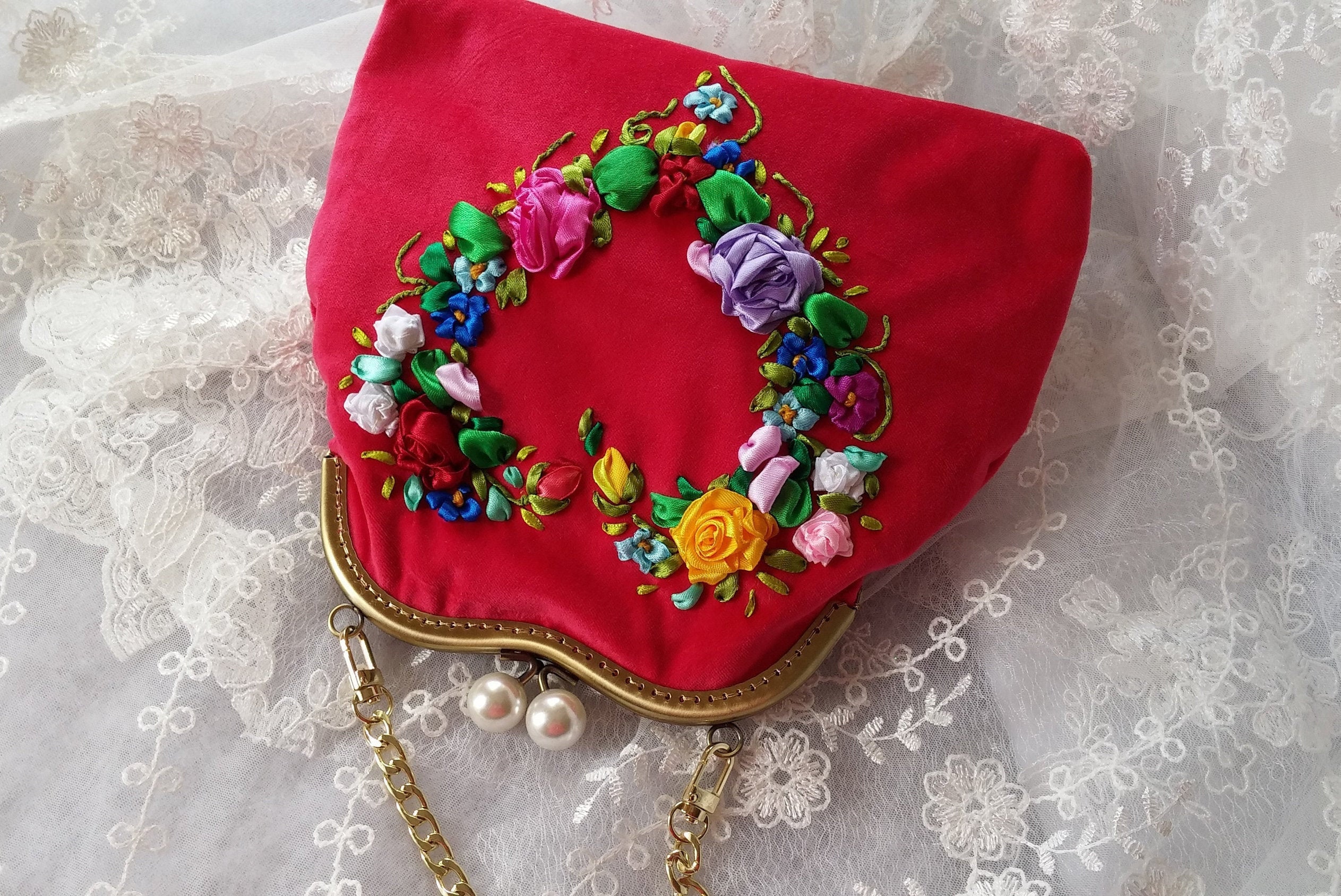 Red Handbag. Embroidered Heart. - Etsy