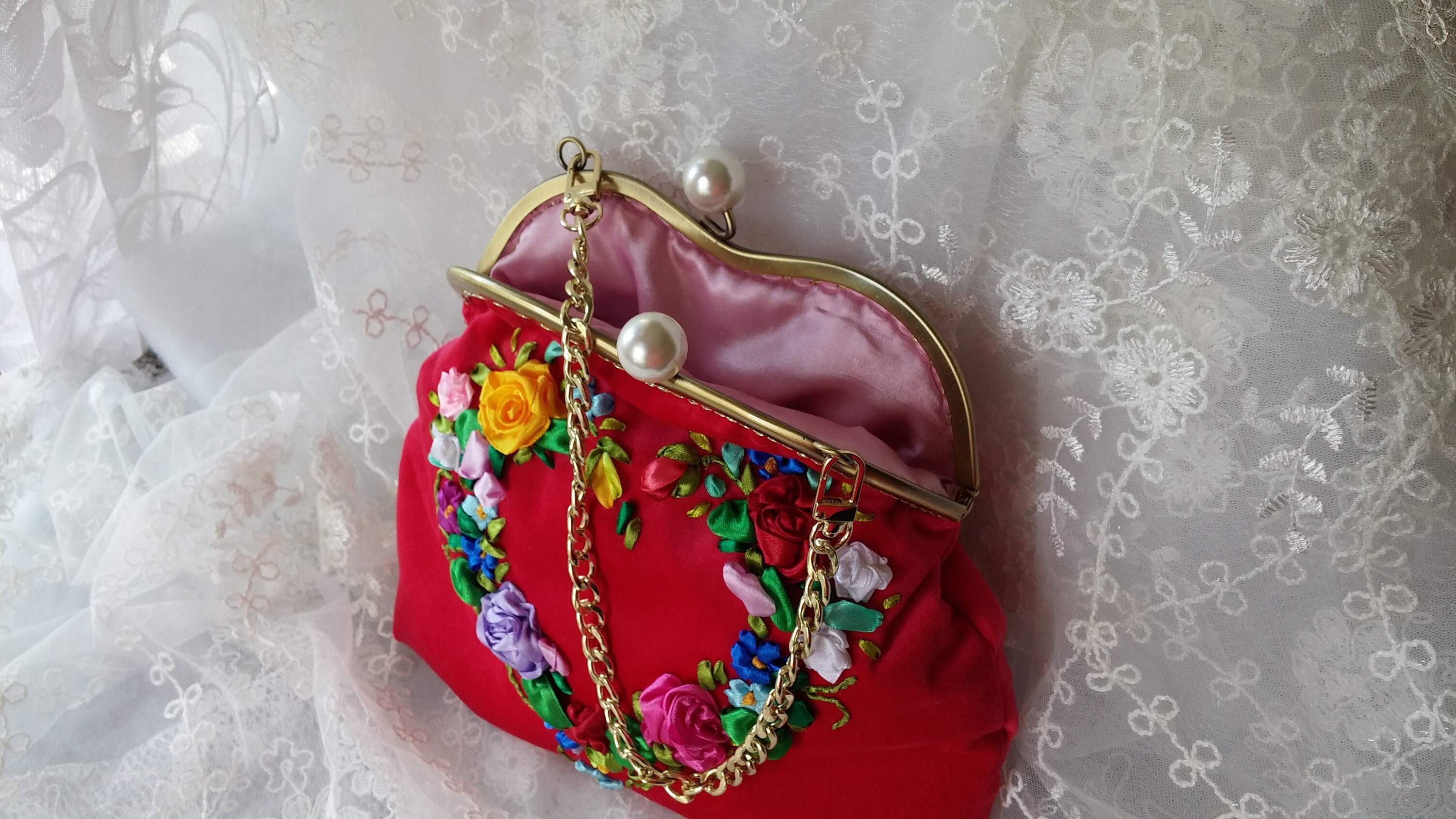 Red Handbag. Embroidered Heart. - Etsy