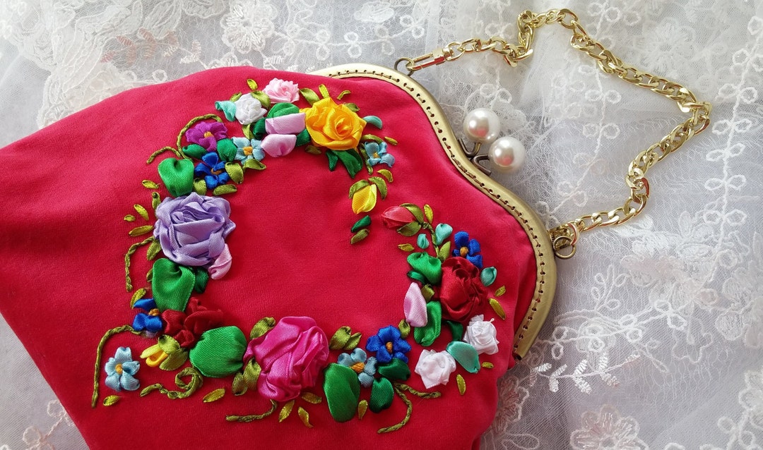 Red Handbag. Embroidered Heart. - Etsy