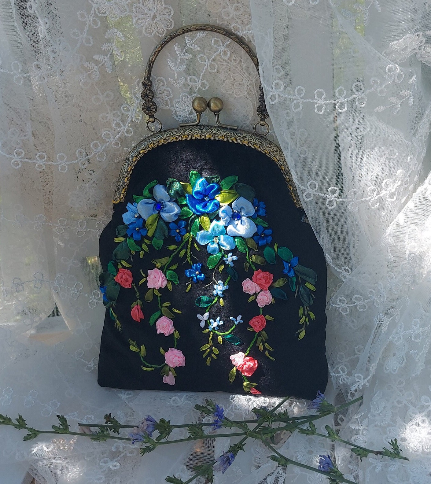 Bag With Embroidery. Blue, Pink Flowers. - Etsy