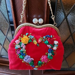 Red Handbag. Embroidered Heart. - Etsy
