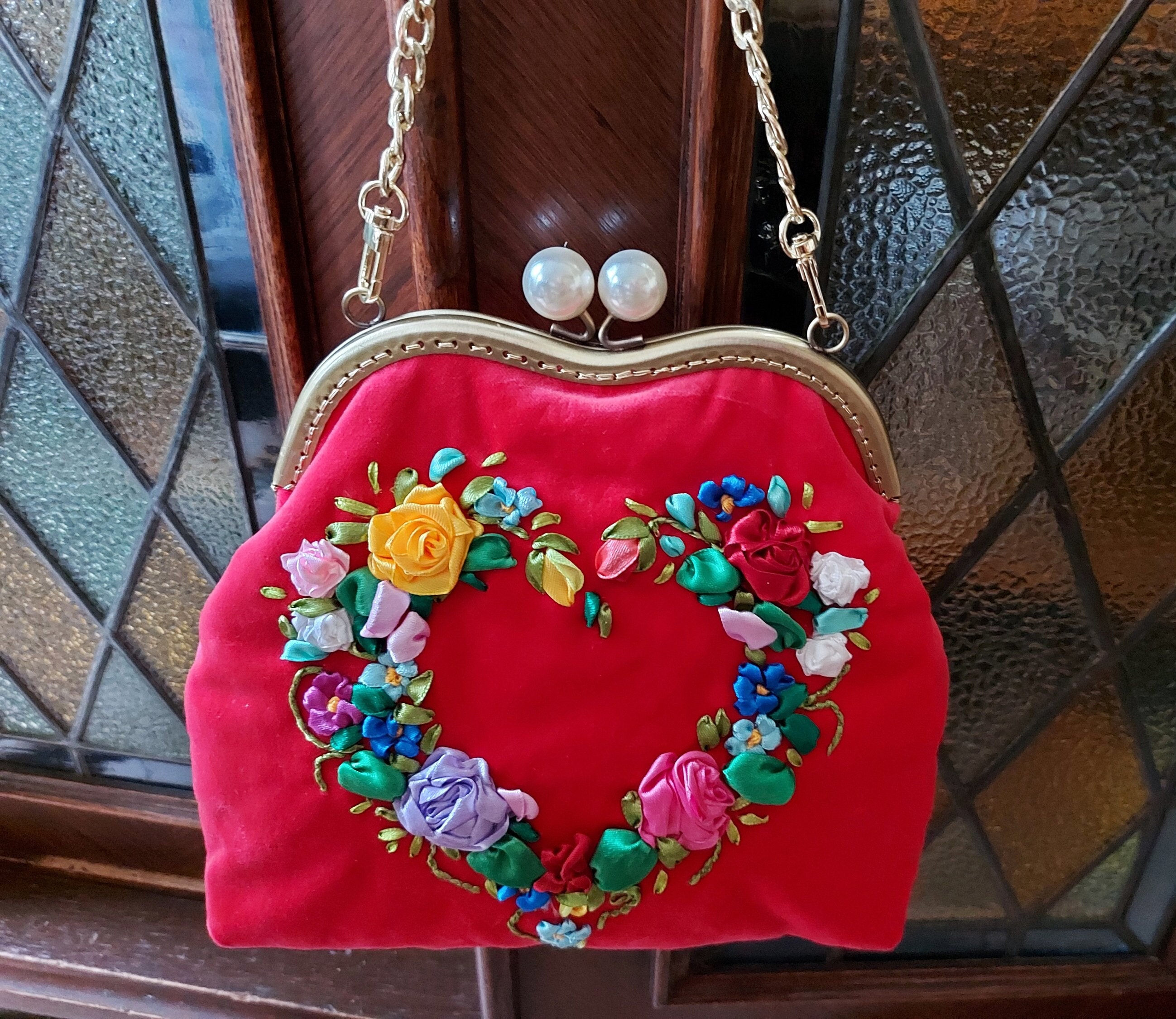 Red Handbag. Embroidered Heart. - Etsy
