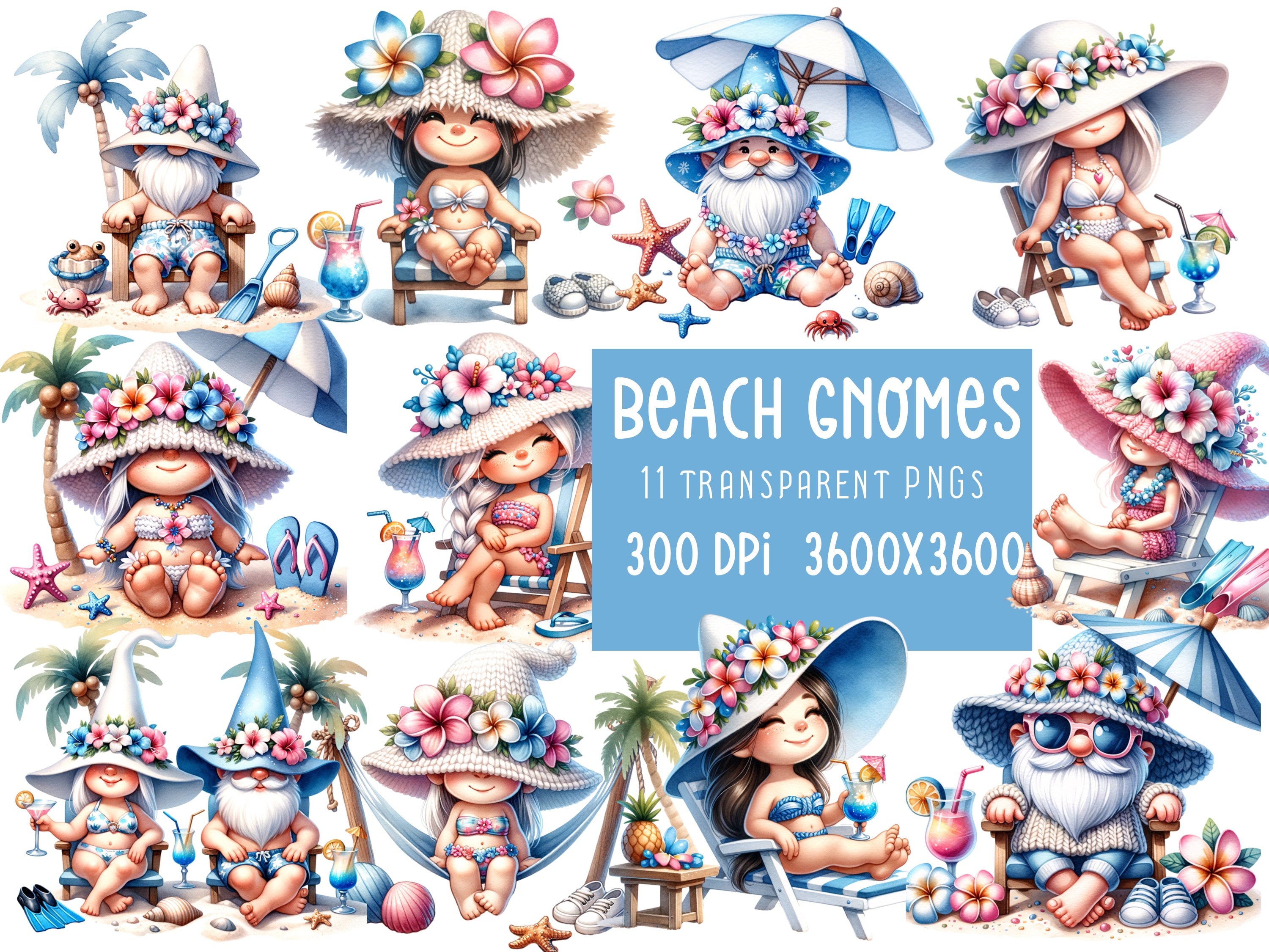 Adorable Beach Gnomes, Transparent Pngs, Watercolor Collection Clipart ...