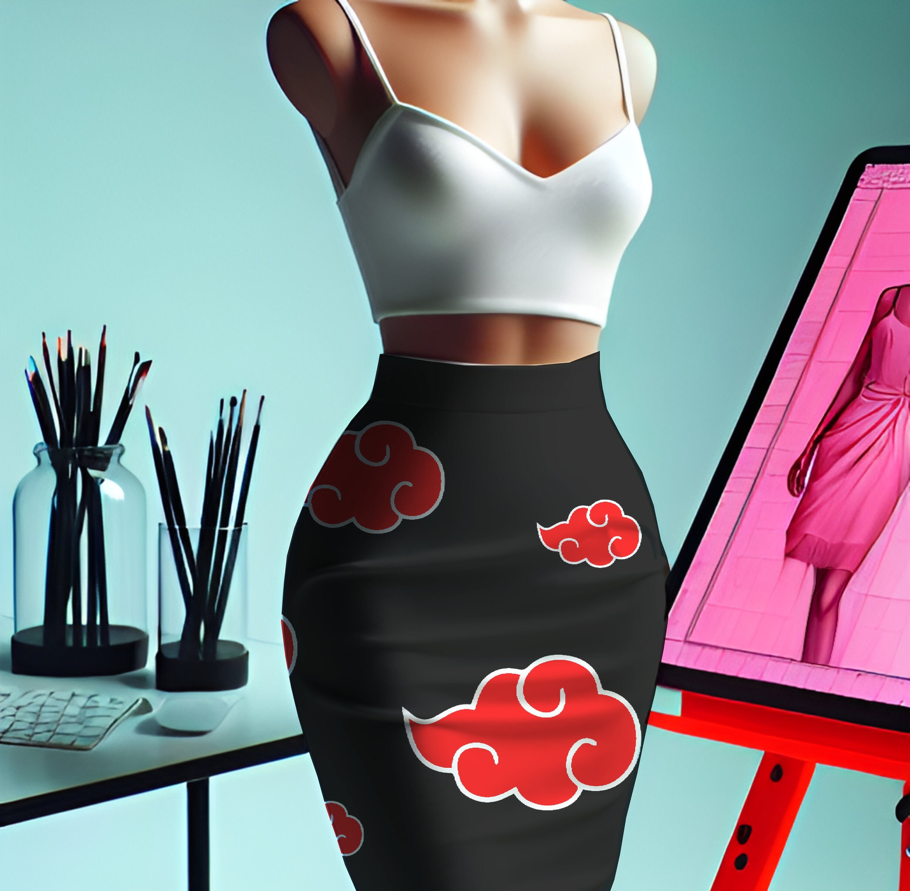Anime Skirt, Akatsuki Pencil Skirt, Red Cloud Anime Skirt, Akatsuki ...