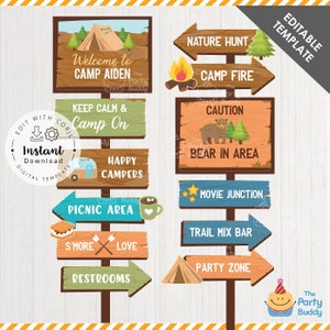 Editable Boys Camping Birthday Party Signs | Camper Sign Welcome ...