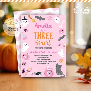 Editable THREE Spirit Girls 3rd Birthday Invitation | Halloween Party ...