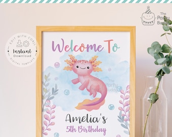 Editable Axolotl Welcome Sign 8x10 Purple Smiling Axolot Girl Birthday ...