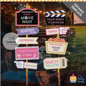 Editable Girls Movie Night Signs Decor | Movie Party Home Theater ...