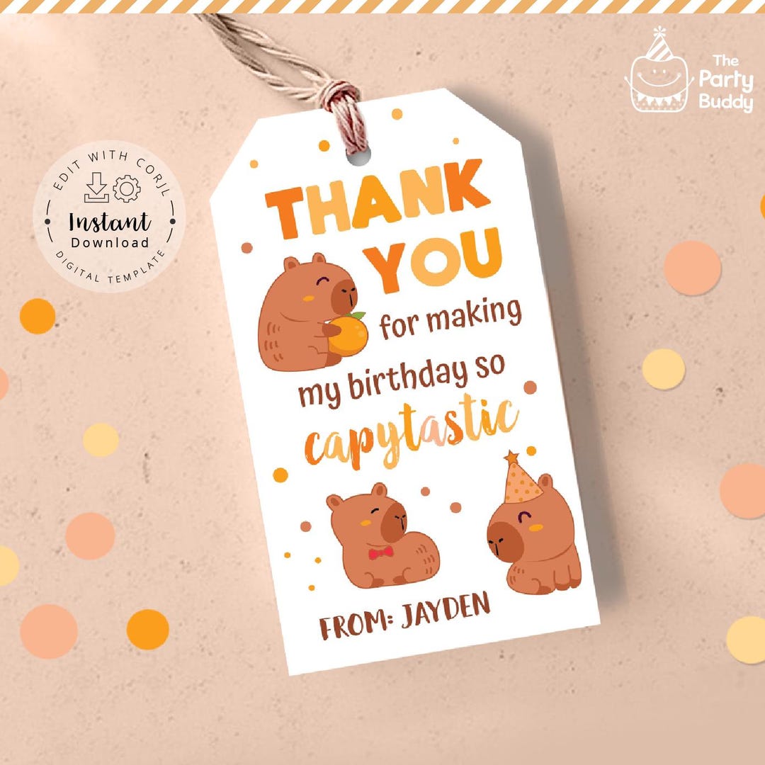 Capybara Birthday Favor Tag | Boy Capytastic Party Treat Thank You Gift ...