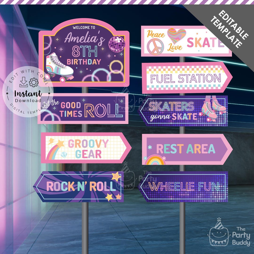 Roller Skate Birthday Directional Signs | Girl Birthday Rollerskate ...