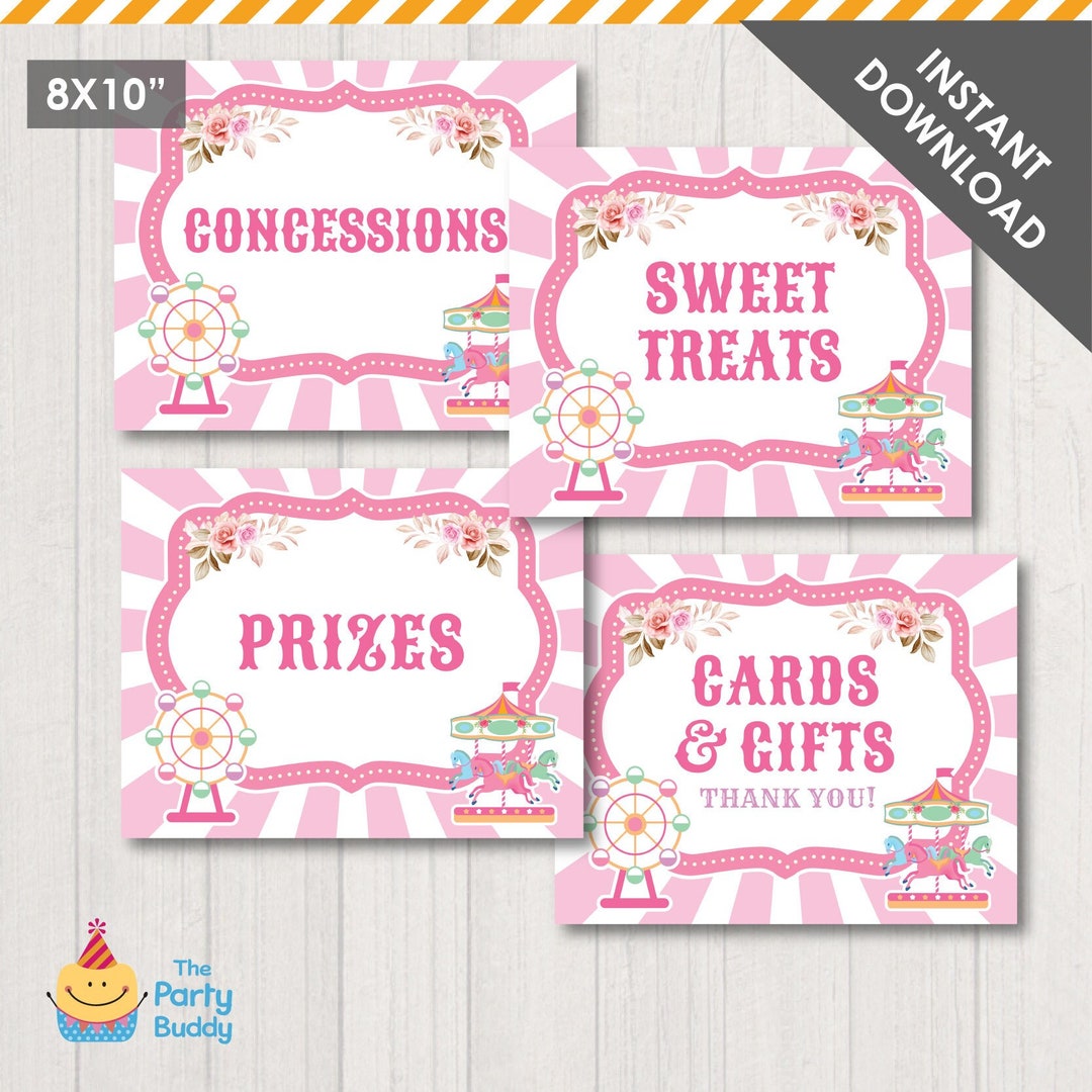 Girls Pink Carnival Circus Party Signs 8x10 | Concessions Prizes Gift ...
