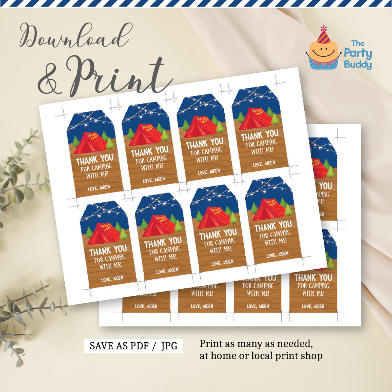 Editable Camping Favor Tag | Boys Camp Birthday Smore Thank You Tags ...