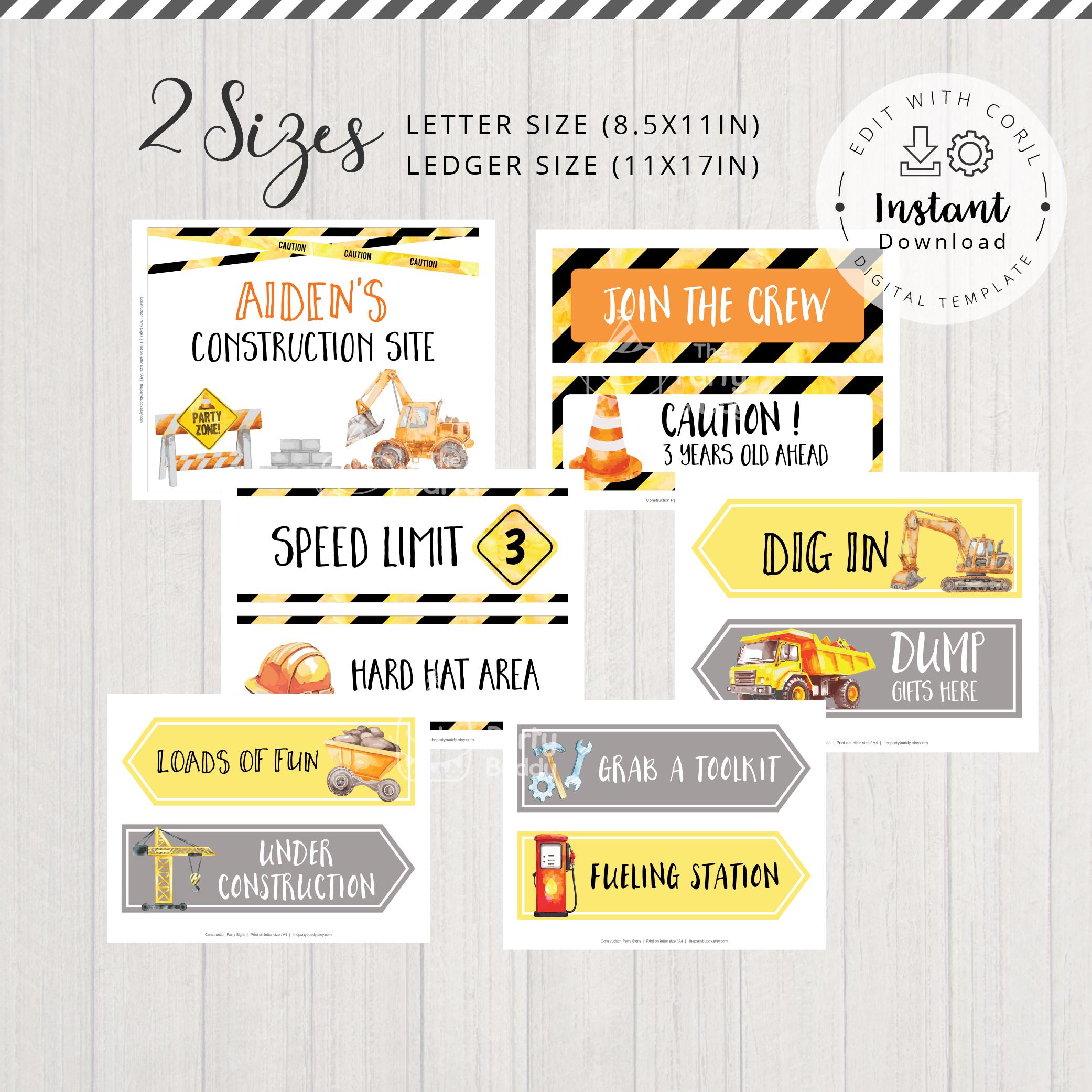 Editable Construction Party Signs | Digger Dump Truck Birthday Welcome ...
