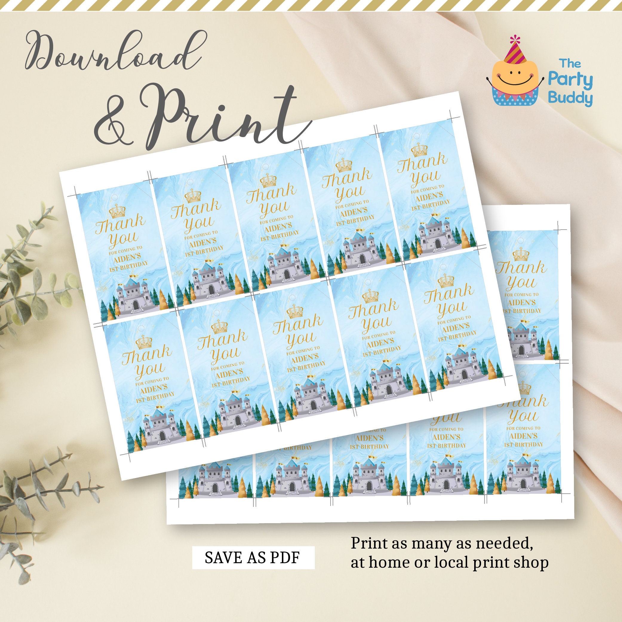 Royal Prince Thank You Tag Editable | Baby Blue Gold Boys Birthday ...