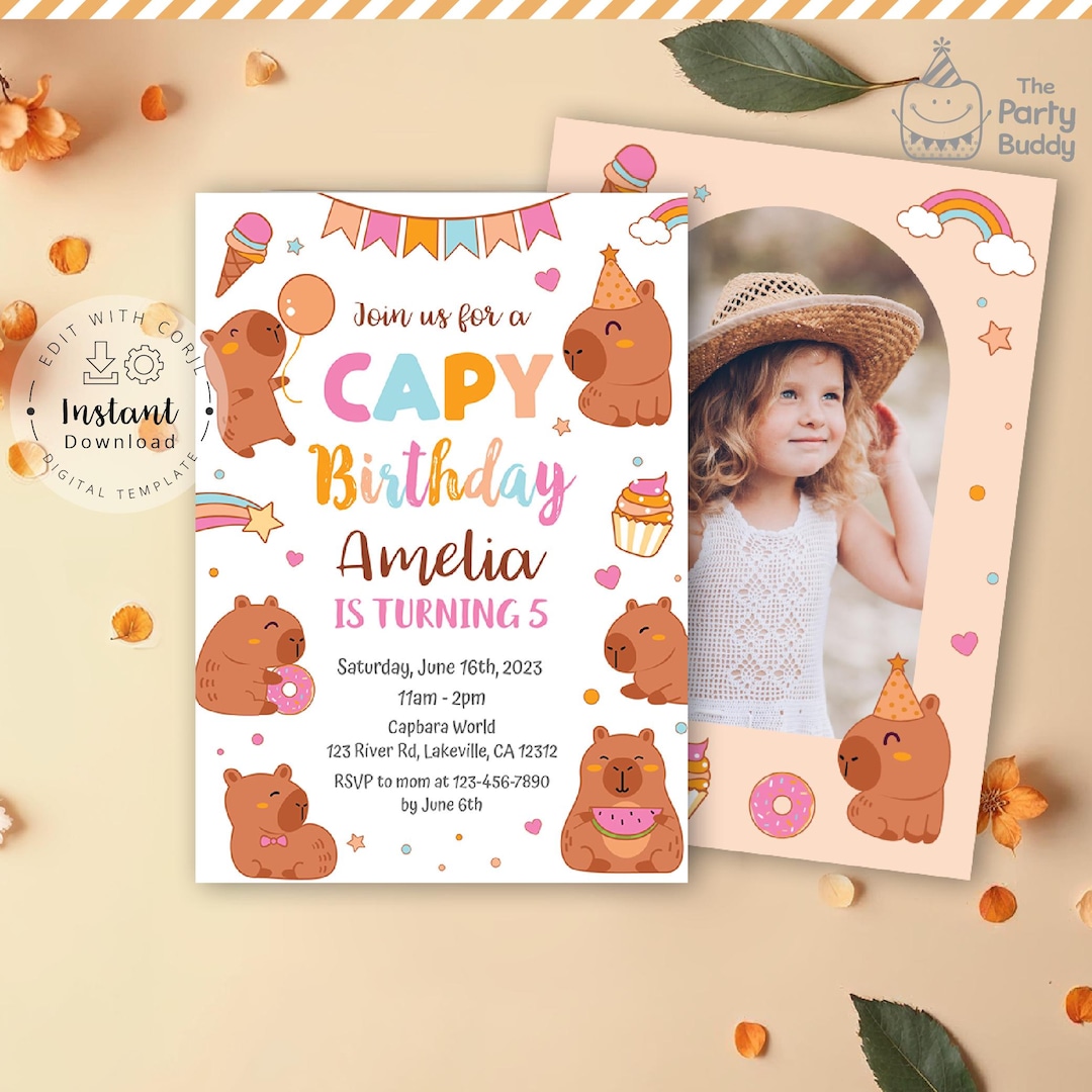 Editable Capybara Birthday Invitation | Cute Capybara Cappy Birthday ...