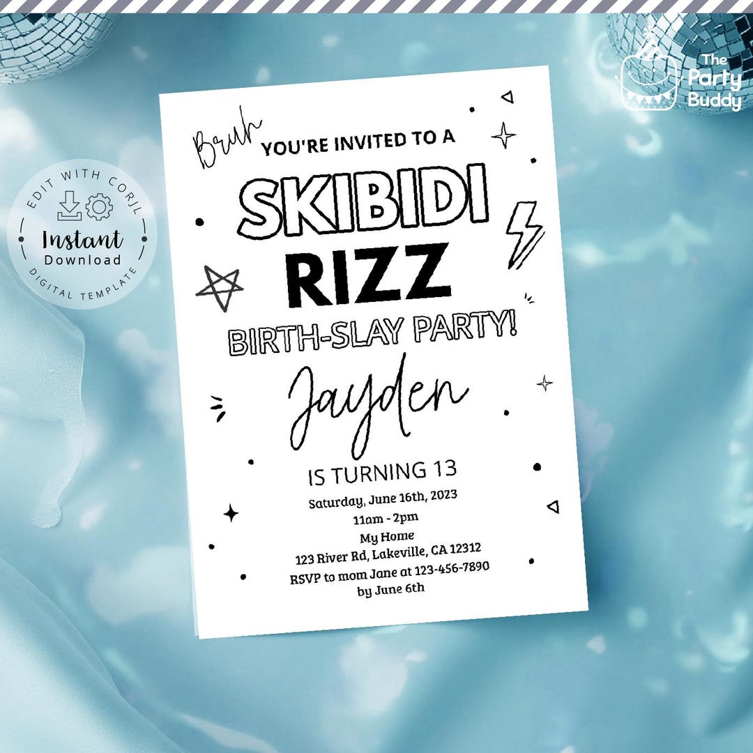 Skibidi Rizz Gen A Slang Birthday Invitation | Teenager Boy Minimal ...