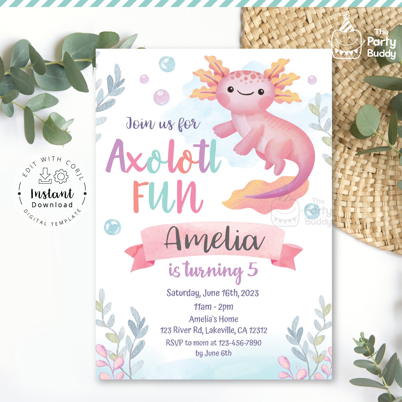 Editable Axolotl Fun Party Invitation Cute Pink Smiling - Etsy México