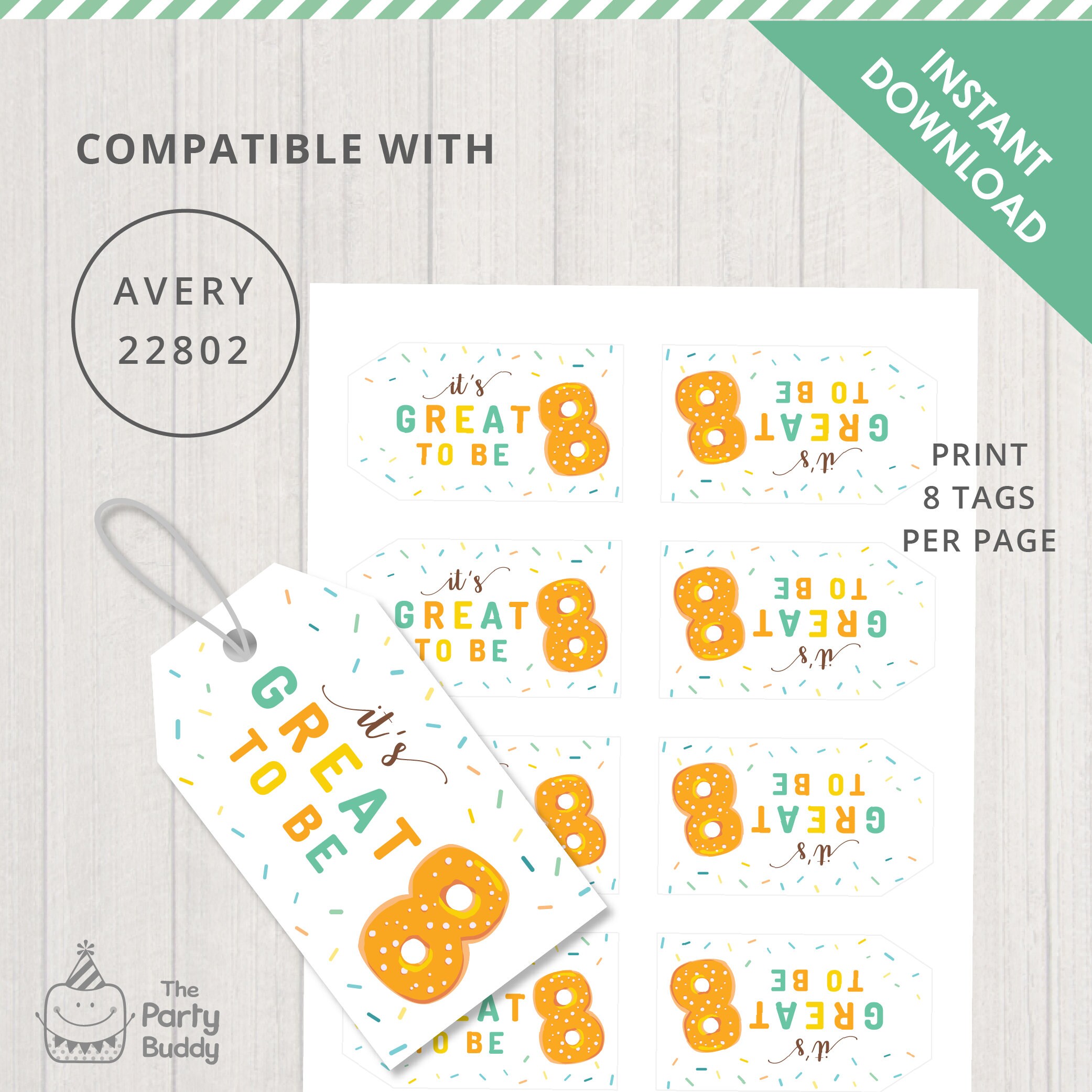 Great to Be 8 Favor Tag Printable | 8th Birthday 8 is Great | Donut ...
