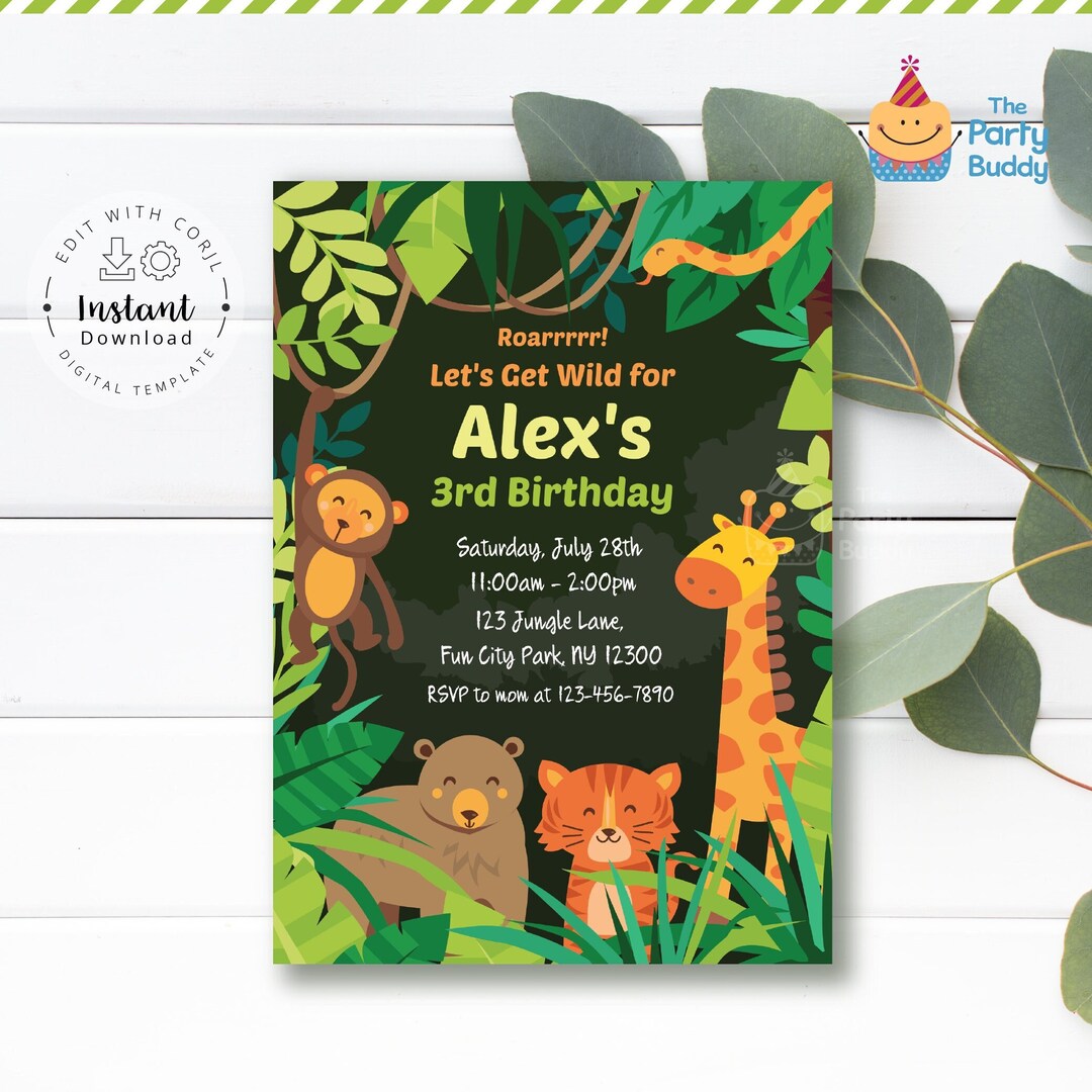 Editable Jungle Safari Wild Animals Theme Birthday Party Invitation ...