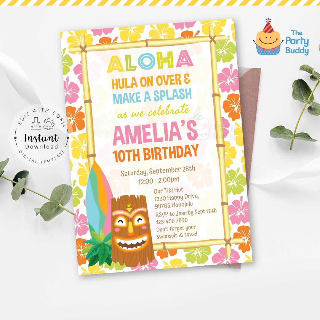 Editable Tiki Luau Invitation | Aloha Hawaiian Birthday Colorful Summer ...