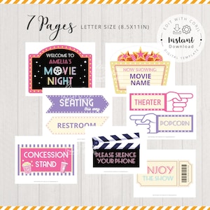 Editable Girls Movie Night Signs Decor | Movie Party Home Theater ...