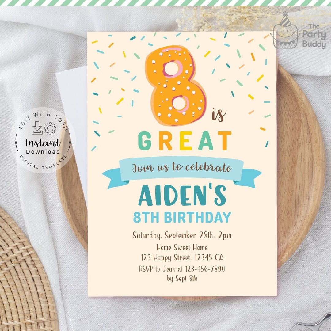 Editable 8 is Great Invitation | Boy 8th Birthday Party | Great to Be ...