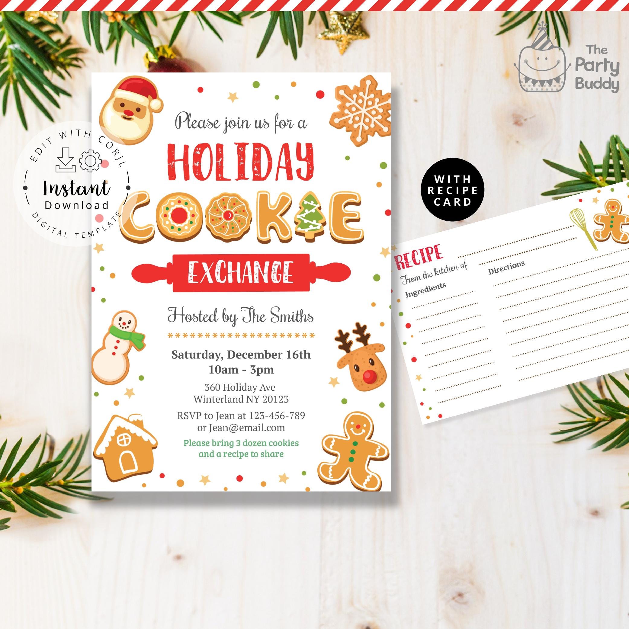 Editable Holiday Cookie Exchange Invitation With Recipe Card ...