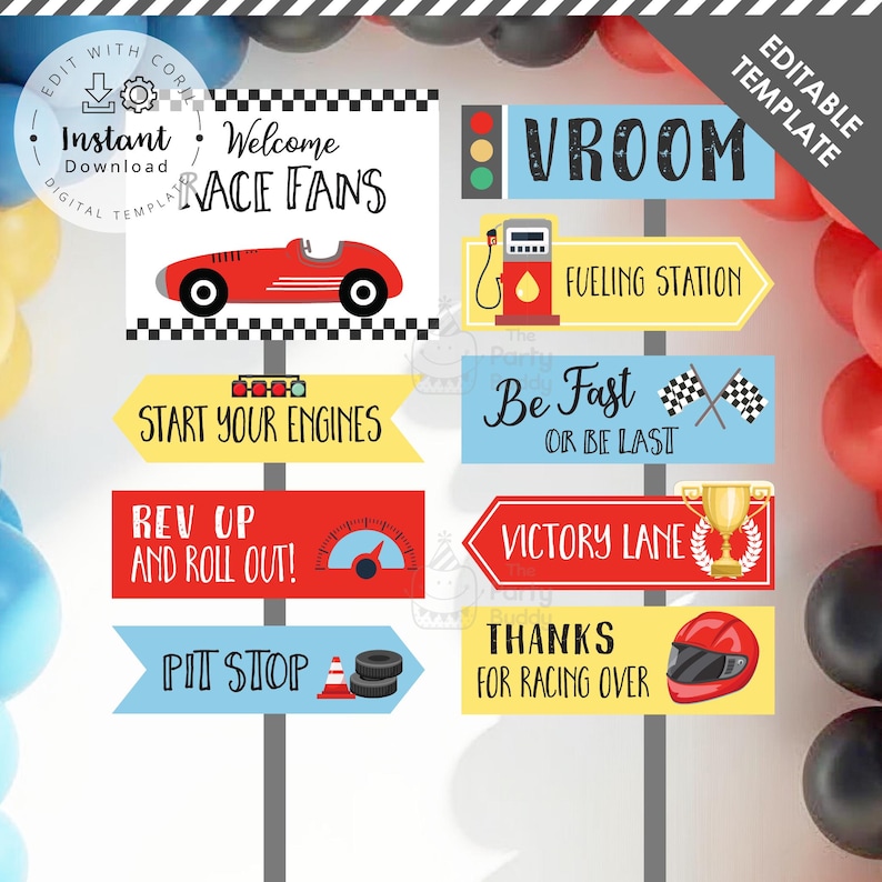 Editable Red Race Car Party Signs Decoration | Racing Birthday Welcome ...