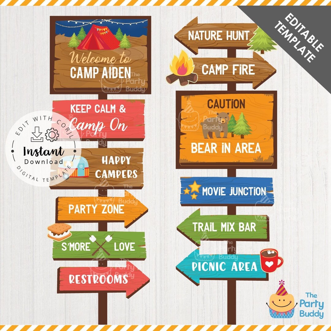 Editable Camping Party Signs Decoration | Camper Birthday Sign Welcome ...