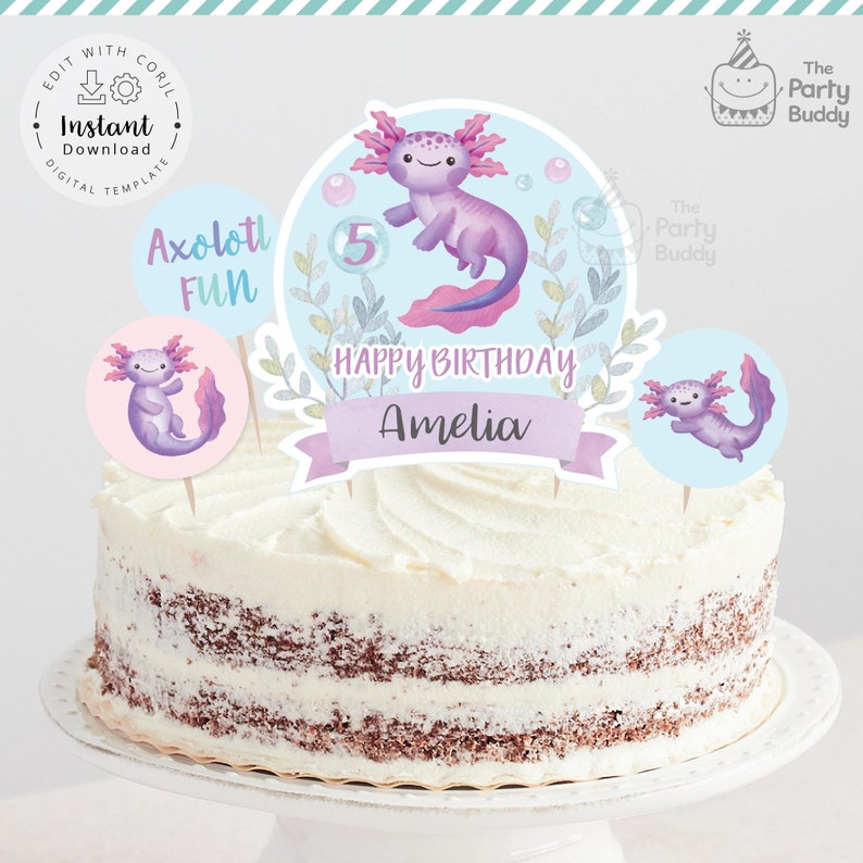 Axolotl Cake Topper Printable Editable Girls Purple Axolot Birthday ...