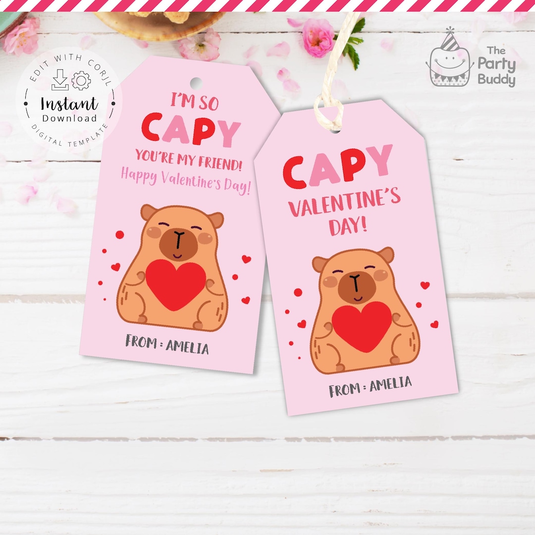 Kids Valentines Day Capybara Favor Tag Printable | Cute Capy Friend ...