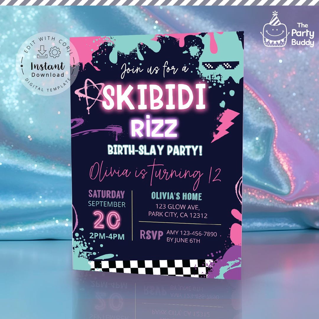Skibidi Rizz Teen Girl Slang Birthday Invitation | Gen Alpha Pink ...