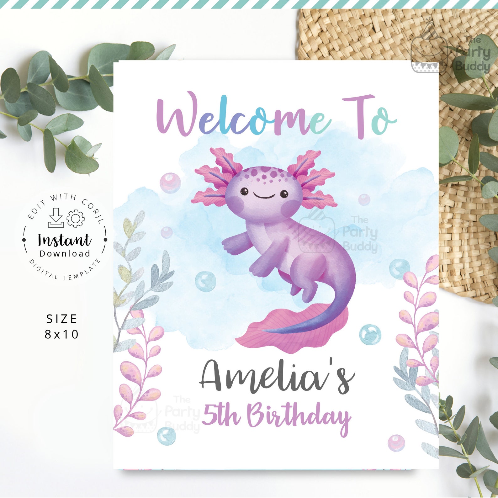 Editable Axolotl Welcome Sign 8x10 Purple Smiling Axolot Girl Birthday ...