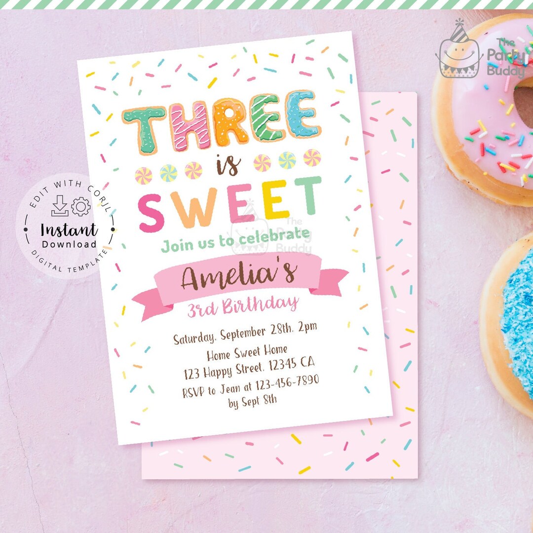 Editable Three is Sweet Invitation | Girls 3rd Birthday | Sweet ...