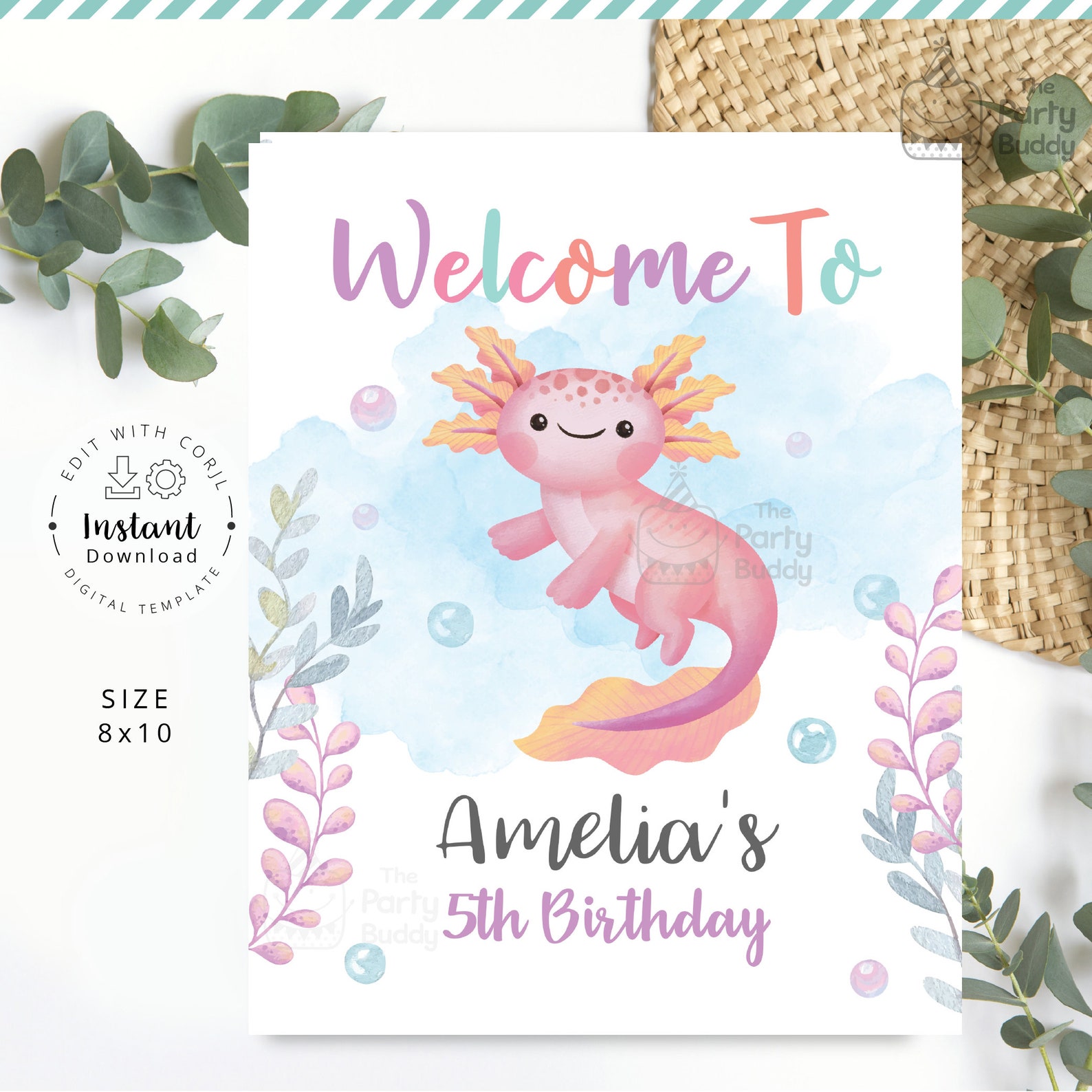 Editable Axolotl Welcome Sign 8x10 | Cute Pink Smiling Axolot Girl ...