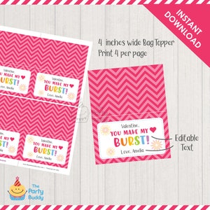 Valentine You Make My Heart Burst Bag Topper Printable Kids Classroom ...