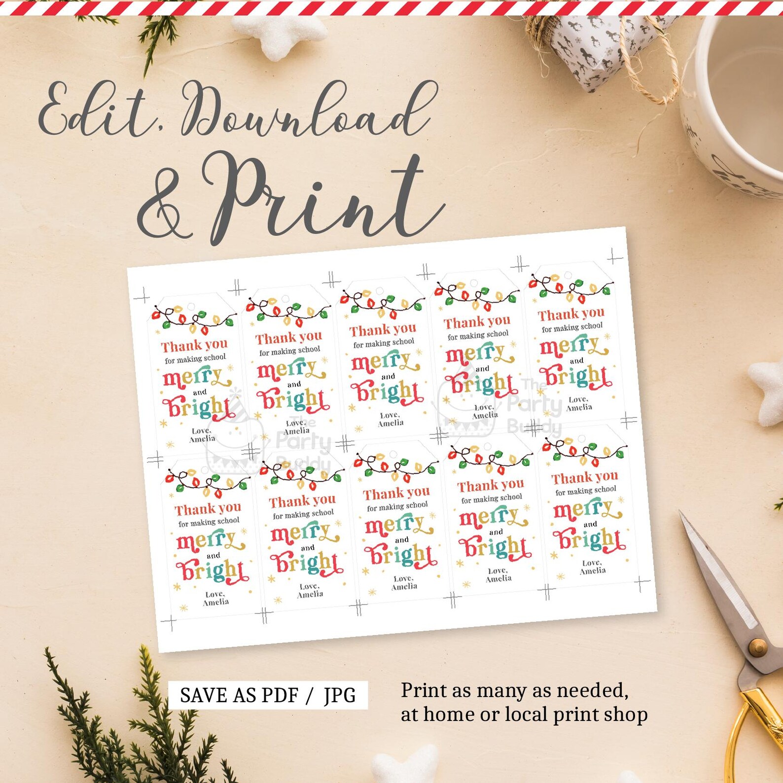 School Merry and Bright Christmas Favor Tag Teacher Holiday Gift Thank ...