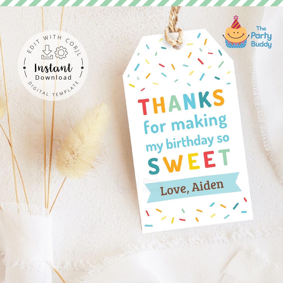 Editable Sweet Birthday Thank You Tag | Boy Colorful Donut Sprinkle ...